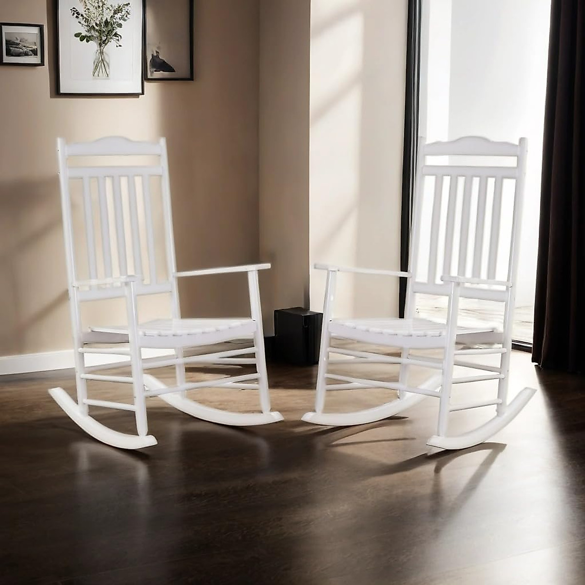 BplusZ Outdoor Patio Wooden Rocking Chairs Set 2 Piece, Furniture Comfy Rockers for Adults Porch Lawn Room Outside Indoor, White