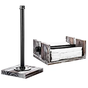 MyGift Torched Wood and Industrial Metal Paper Towel and Napkin Holder Set, Countertop Paper Towel Holder and Flat Napkin Holder with Weighted Arm