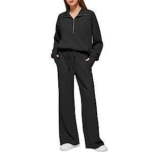 Casly Lamiit Lounge Sets for Women Trendy Half Zip Sweatshirt Wide Leg Sweatpants Lounge Matching Set Tracksuit Sweatsuit 2024 Fall Winter Clothes Set 2 Piece Outfits Black L