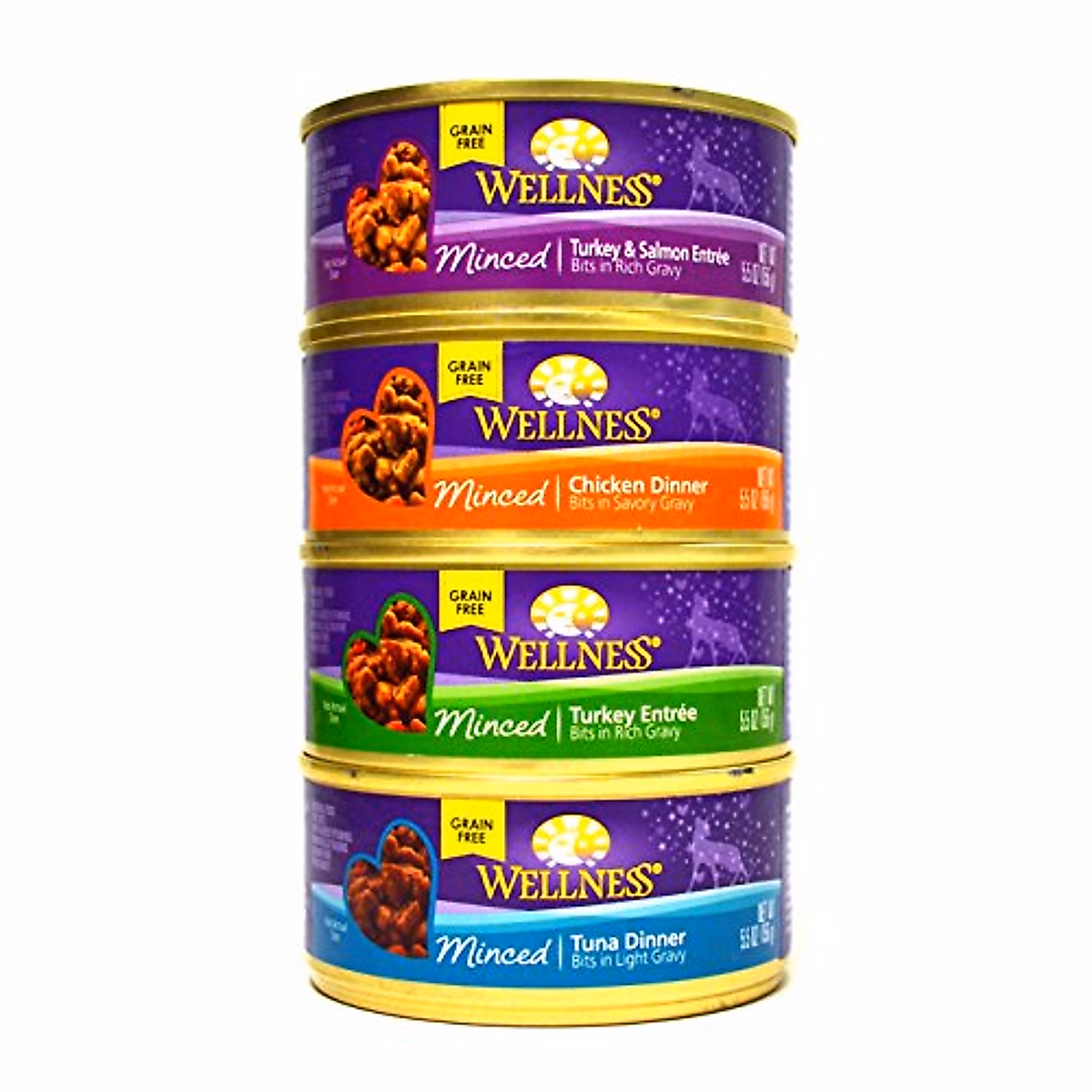 Wellness Minced Grain-Free Wet Cat Food Variety Pack - 4 Flavors (Tuna, Turkey, Chicken, and Turkey & Salmon) - 12 (5.5 Ounce) Cans - 3 of Each Flavor