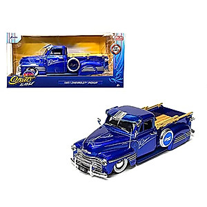 1951 Chevy 3100 Pickup Truck Lowrider Candy Blue with Graphics Street Low Series 1/24 Diecast Model Car by Jada 34290