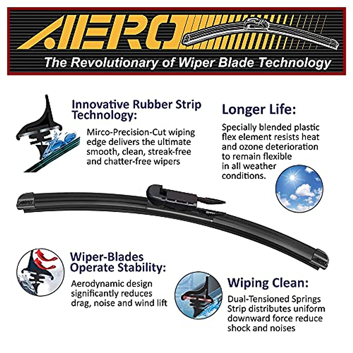 AERO Avenger 28"+28" I&L Pinch Tab Premium All-Season Beam Windshield Wiper Blades OEM Replacement for Ford Edge Escape Focus with Extra Rubber Refill + 1 Year Warranty (Set of 2)