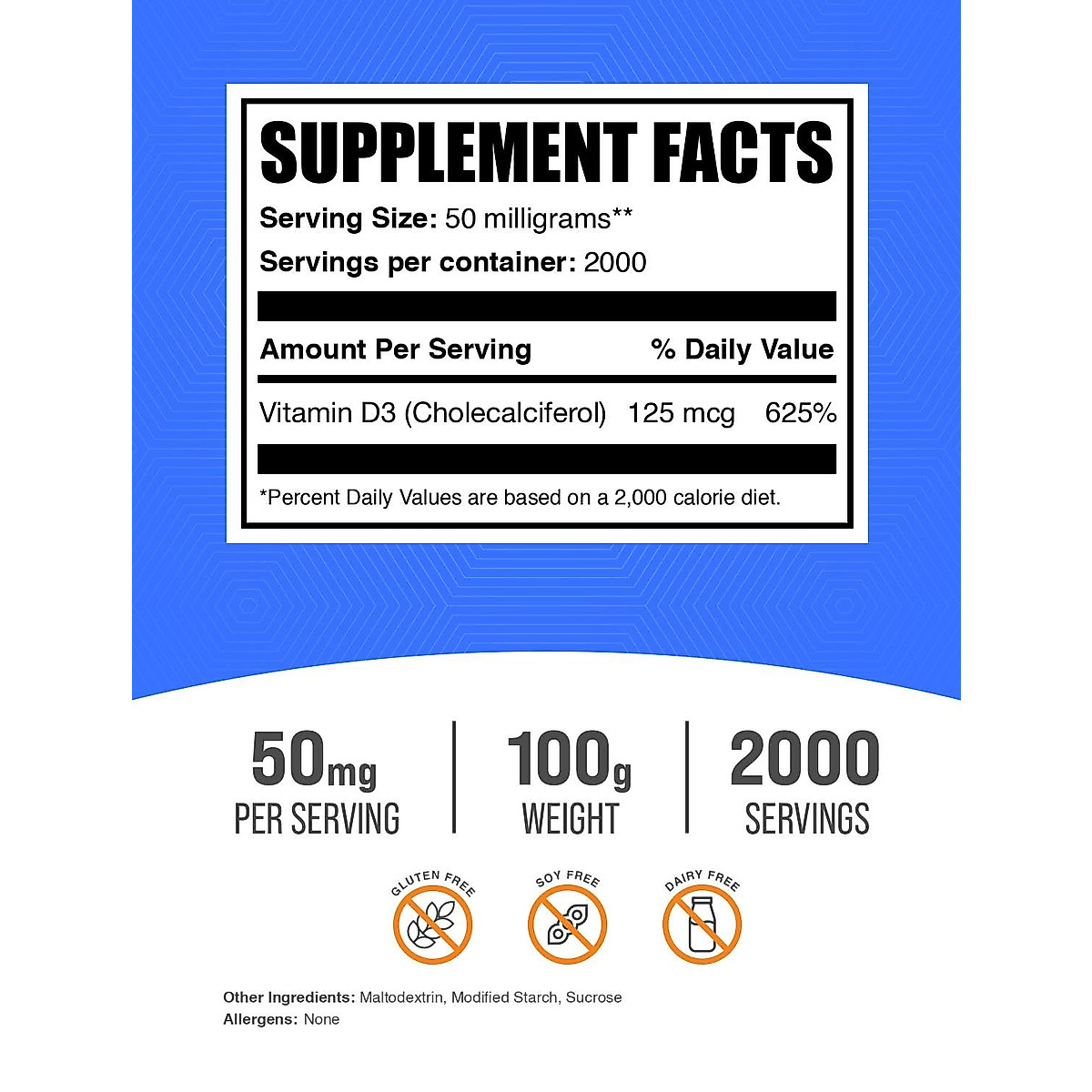 BulkSupplements.com Vitamin D3 Powder - Cholecalciferol, Vitamin D Supplements, Vitamin D3 5000 IU - Gluten Free, 50mg (125mcg of Vitamin D3) per Serving, 100g (3.5 oz) (Pack of 1)