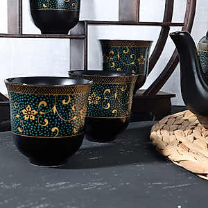 fanquare Japanese Porcelain Tea Set, Handmade Kungfu Teapot with 6 Cups, Large Black TeaPot with Gold Flowers Pattern