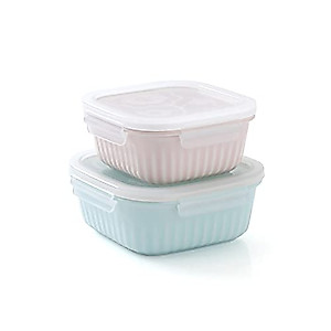 ZEN Pleats Porcelain Serve and Store Airtight Container 15&21oz Square Boxes Set of 2 (Mixed Color)