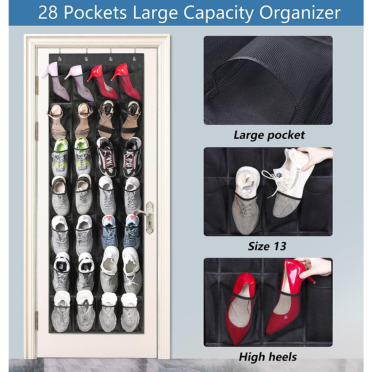 MISSLO 28 Large Pockets Hanging Shoe Organizer Over The Door Shoe Rack for Closet Door Storage Mesh Shoe Holder Hanger for Men, Black