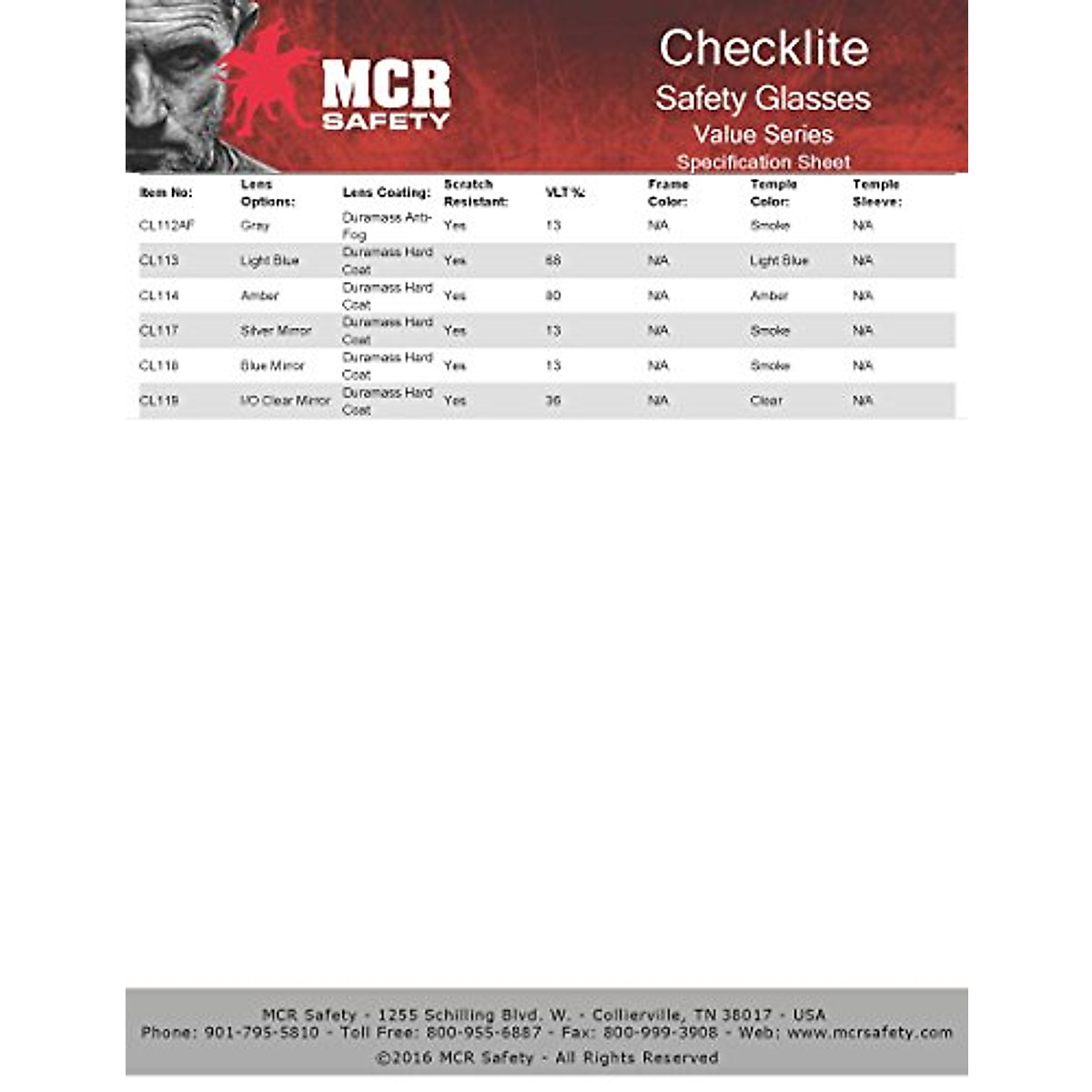 MCR Safety Glasses CL110 Checklite Clear Lens with UV Protection and Scratch Resistant Coating, 1 Pair