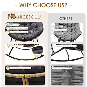 NICESOUL® Indoor Outdoor Rocking Chair with Cushion, Oversized Patio Papasan Rocking Chair, Water Resistant Egg Royal Rocking Chair Grey, 450Lbs Sturdy Comfy Recliner Large Lounging Chair