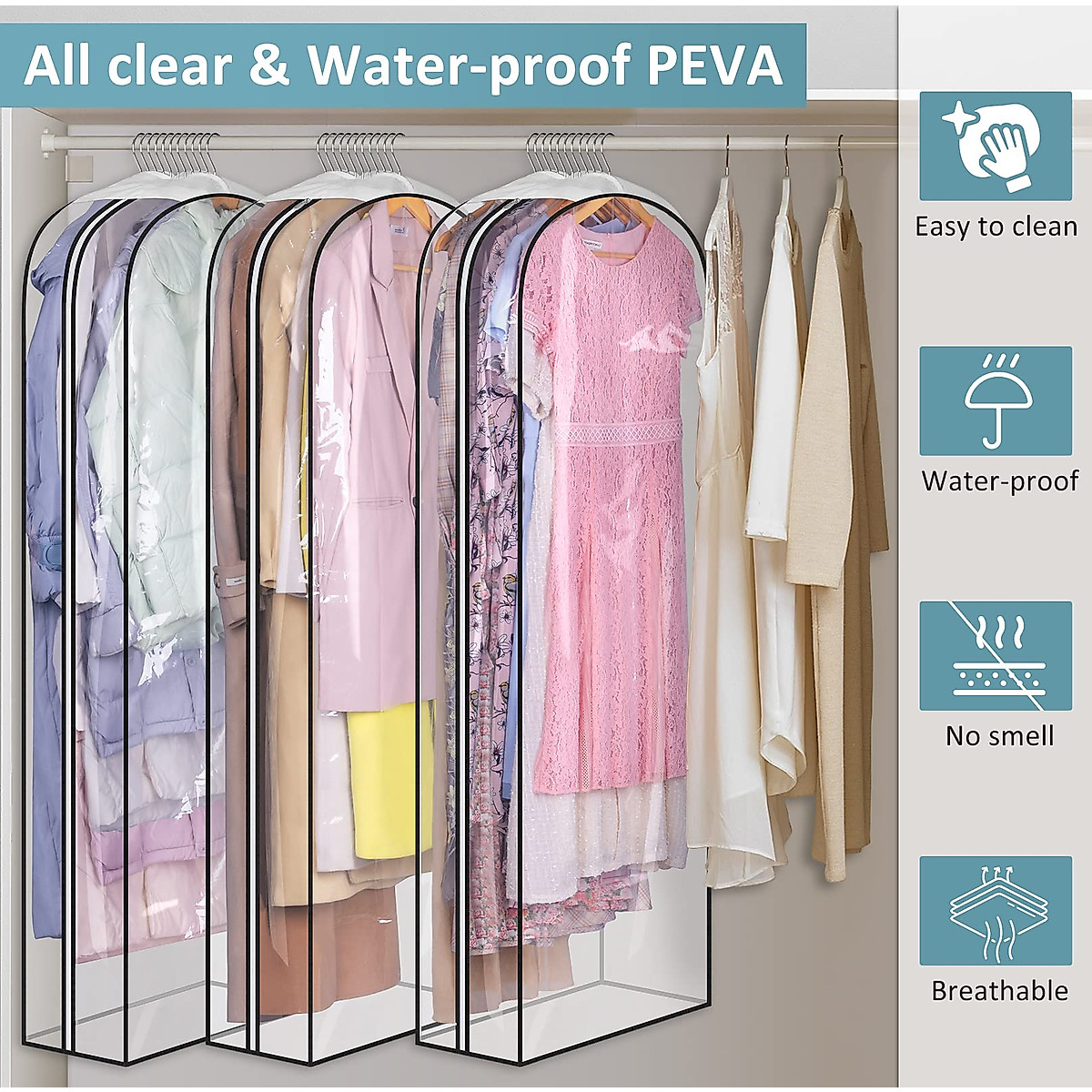 AOODA 10" Gusseted Dress Bags for Gowns Long, 60" All Clear Garment Bags for Hanging Clothes Storage, Large Hanging Clothing Bag for Closet Dress Cover for Coats (3 Packs)