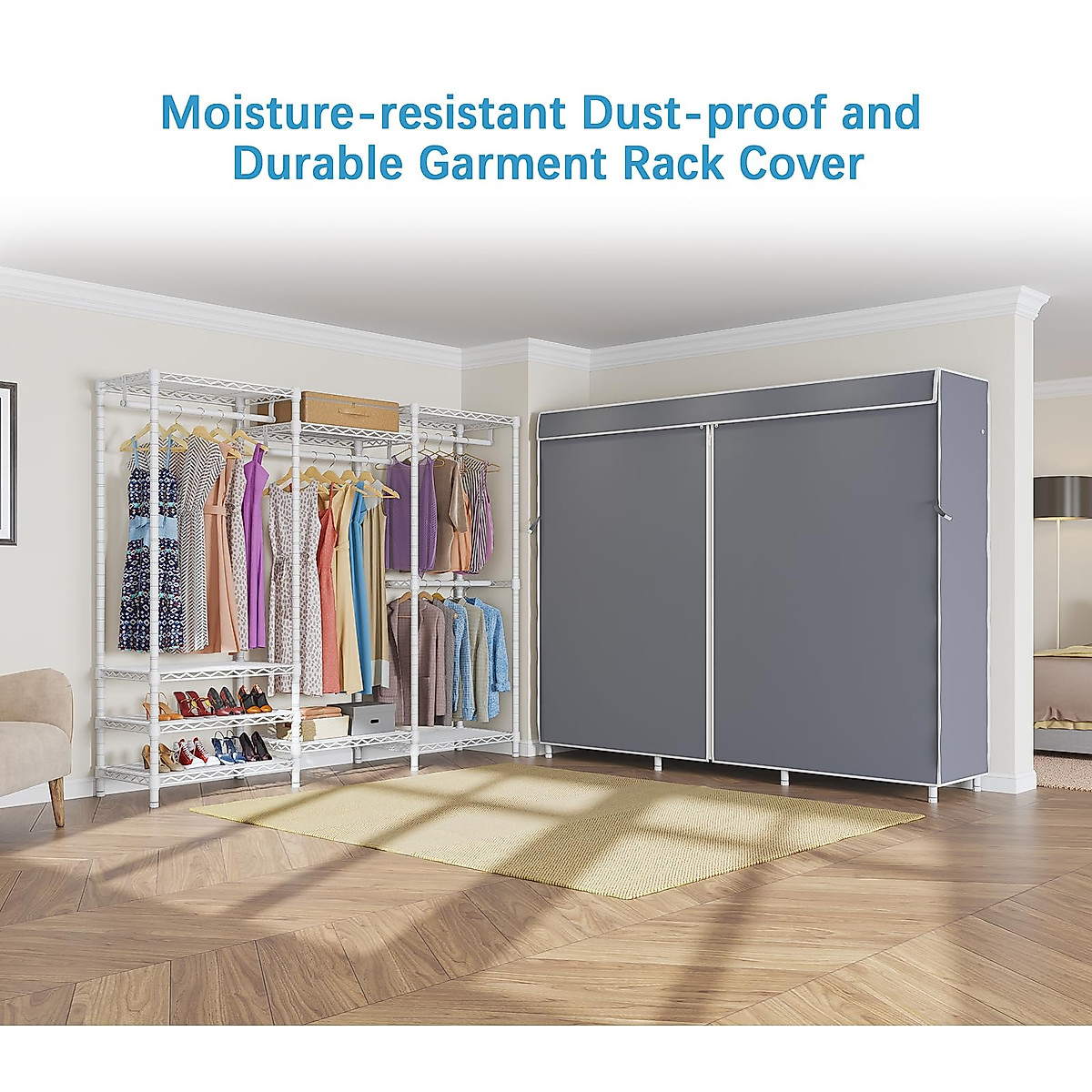 VIPEK V5C Portable Bedroom Armoires Wardrobe Closet with Cover, Heavy Duty Covered Clothes Rack Adjustable Closet Rack, White Metal Clothing Rack with Grey Oxford Fabric Cover, 70.1" Lx17.3 Wx76.4 H
