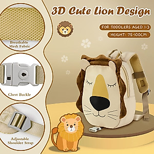 Zooawa Toddler Harness Backpack with Leash, 2 in 1 Cute Lion Kid Backpack with Anti Lost Wrist Link, Toddler Backpack Harness with Safety Leash for 1-4 Years Old Baby Boys Girls