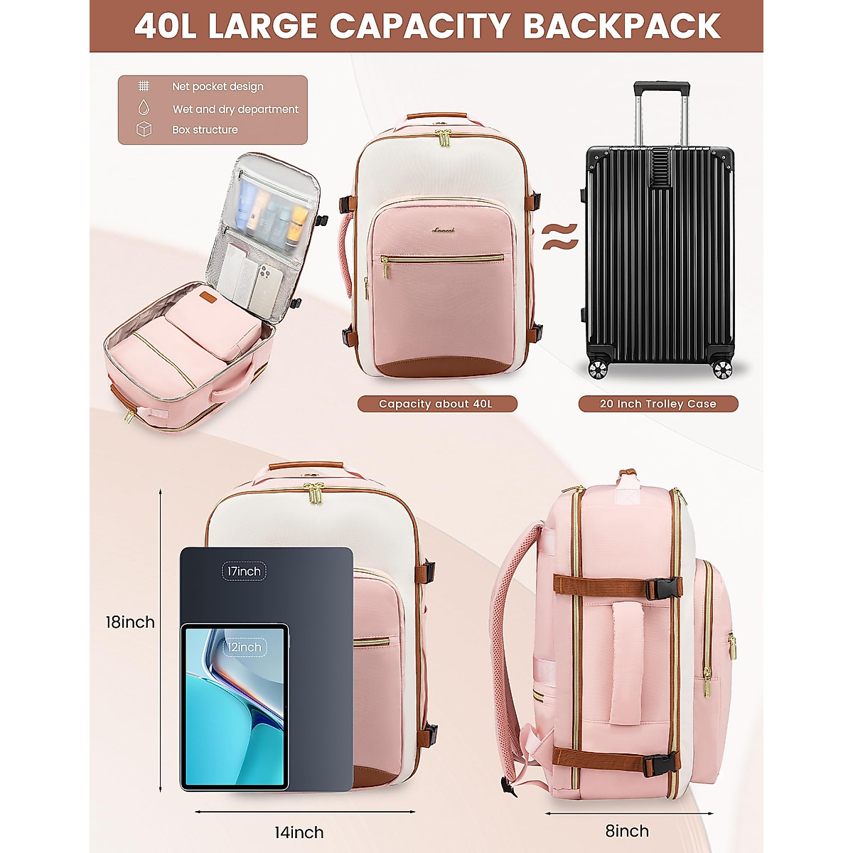 LOVEVOOK Large Travel Backpack for Women & Men, 40L Carry on Backpack for Airplanes, TSA Personal Item Travel Bag fits 17" Laptop, Waterproof Travel Essentials Airline Approved with 3 Packing Cubes