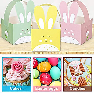 Whaline 24pcs Easter Treat Boxes Happy Easter Gift Box with Handle Cute Bunny Rabbit Easter Basket Containers Rabbit Shape Candy Goody Cookie Box Holder For School Classroom Party Favor Supplies