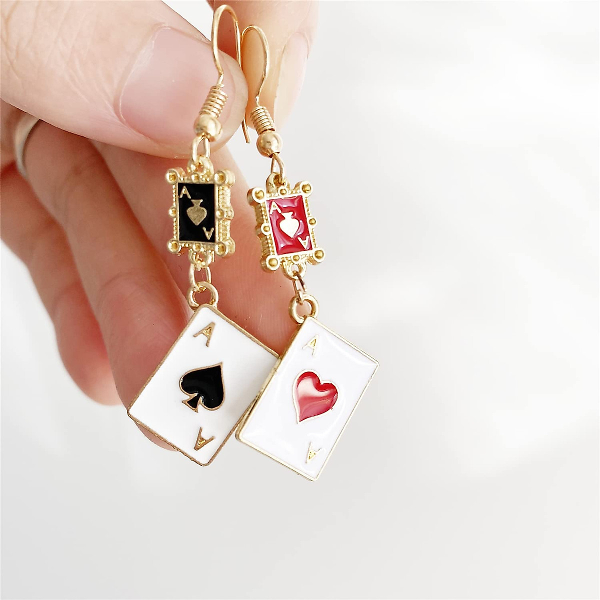 JIUIQL Unique Funny 18K Gold Plated Hypoallergenic Long Poker hearts and spades A Ace Playing Cards Dangle Drop Stud Earrings For Women Gambling Casino Jewelry Gift (Red Black)