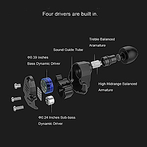 Quad Driver Headphones,ERJIGO KZ ZS6 High Fidelity Extra Bass Earbuds Without Microphone,with Detachable Cable (with Mic, Black)