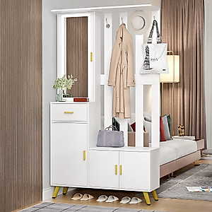 PAKASEPT Hall Tree with Bench and Shoe Storage, Farmhouse Entryway Bench with Coat Rack, Multi-Purpose Home Organizer, Sliding Barn Doors, Entryway Solution with Seating and Hooks