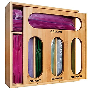 CNL DESIGNS INC. Bamboo Ziplock Bag Organizer for Drawer, Food Storage Organizer, Sandwich Bag Organizer for Kitchen, Compatible with Gallon, Quart, Sandwich & Variety Snack Size Bags.