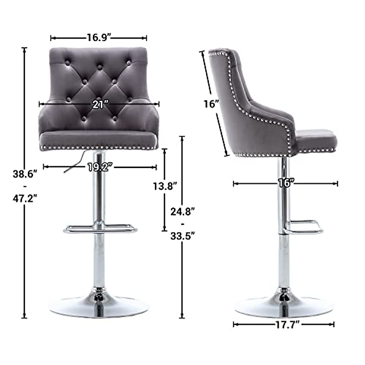 BTEXPERT Set of 2 Premium upholstered Dining 25" - 33" Adjustable High Back Stool Bar Chairs, Gray Tufted Nailhead Trim, (5153GR-2)