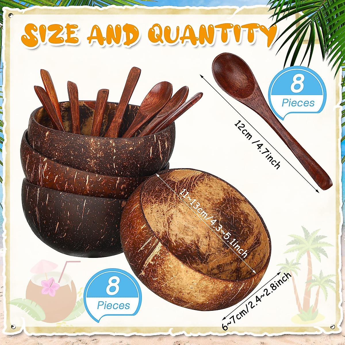 Hoolerry 8 Set Coconut Bowls and Wooden Spoon Set Smoothie Bowls and Spoons Coconut Shells Buddha and Salad Bowls for Vegan Gifts Kitchen Serving