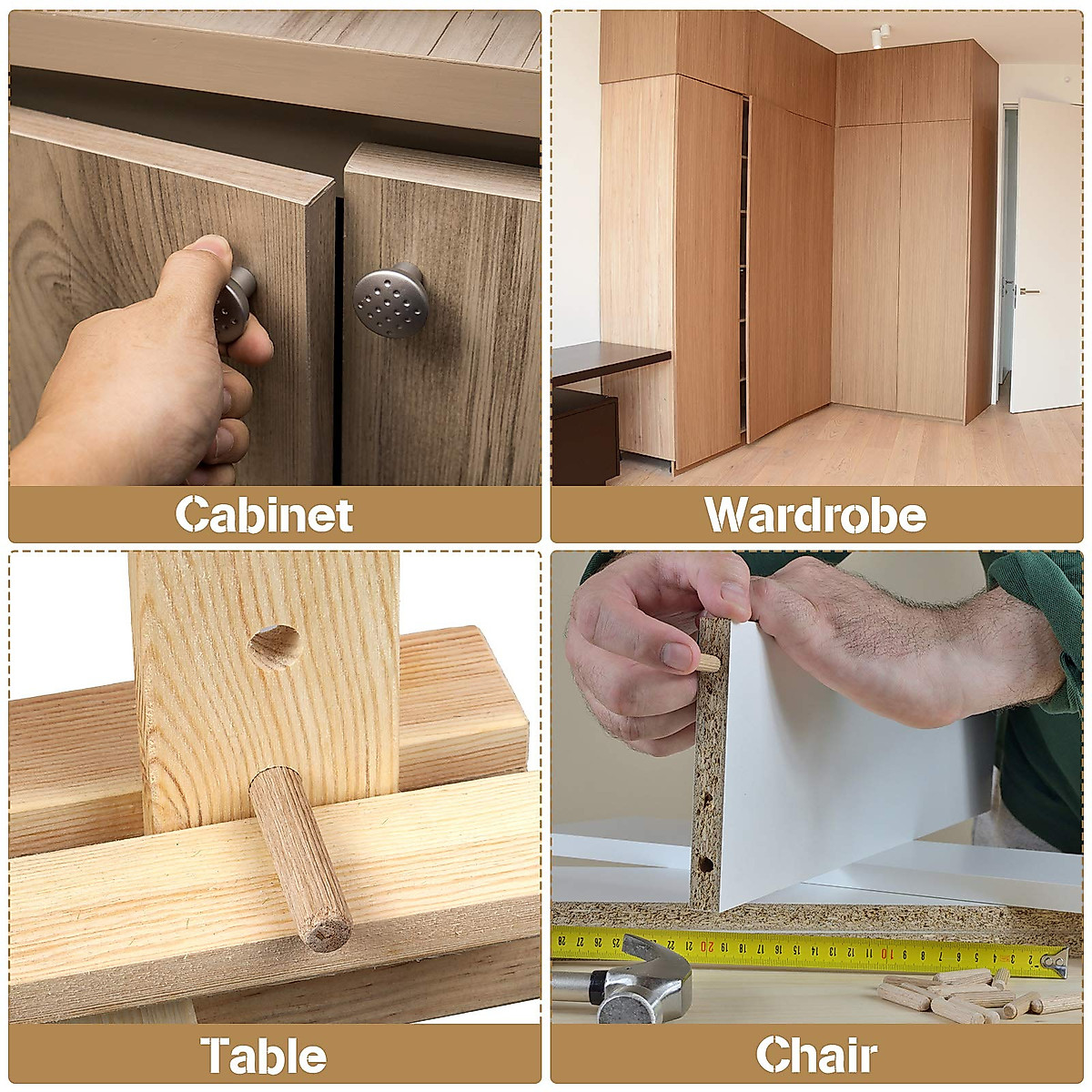 Yookeer 200 Pieces 1/4 x 1.2 Inch Fluted Wood Dowel Pins Wood Kiln Dried Fluted and Beveled Ends Tapered Straight Grooved Pins for Easy Insertion Furniture Door Crafts Projects