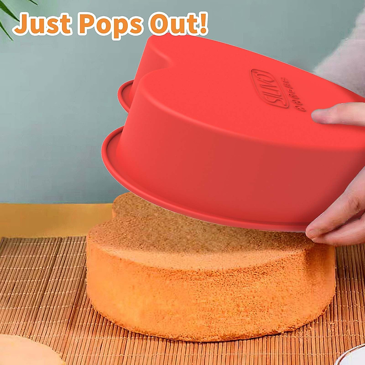 SILIVO Silicone Heart Shaped Cake Pans, 8 Inch, Red, Nonstick, Food Grade Silicone, Easy Clean, Freezer, Microwave and Oven Safe