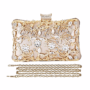 CORIOS Rhinestone Evening Bag for Women Crystal Clutch Bag Sparkly Sequin Glitter Handbag Floral Shoulder Bag Bridal Wedding Purse Crossbody Bag for Wedding Cocktail Party Banquet Prom Gold