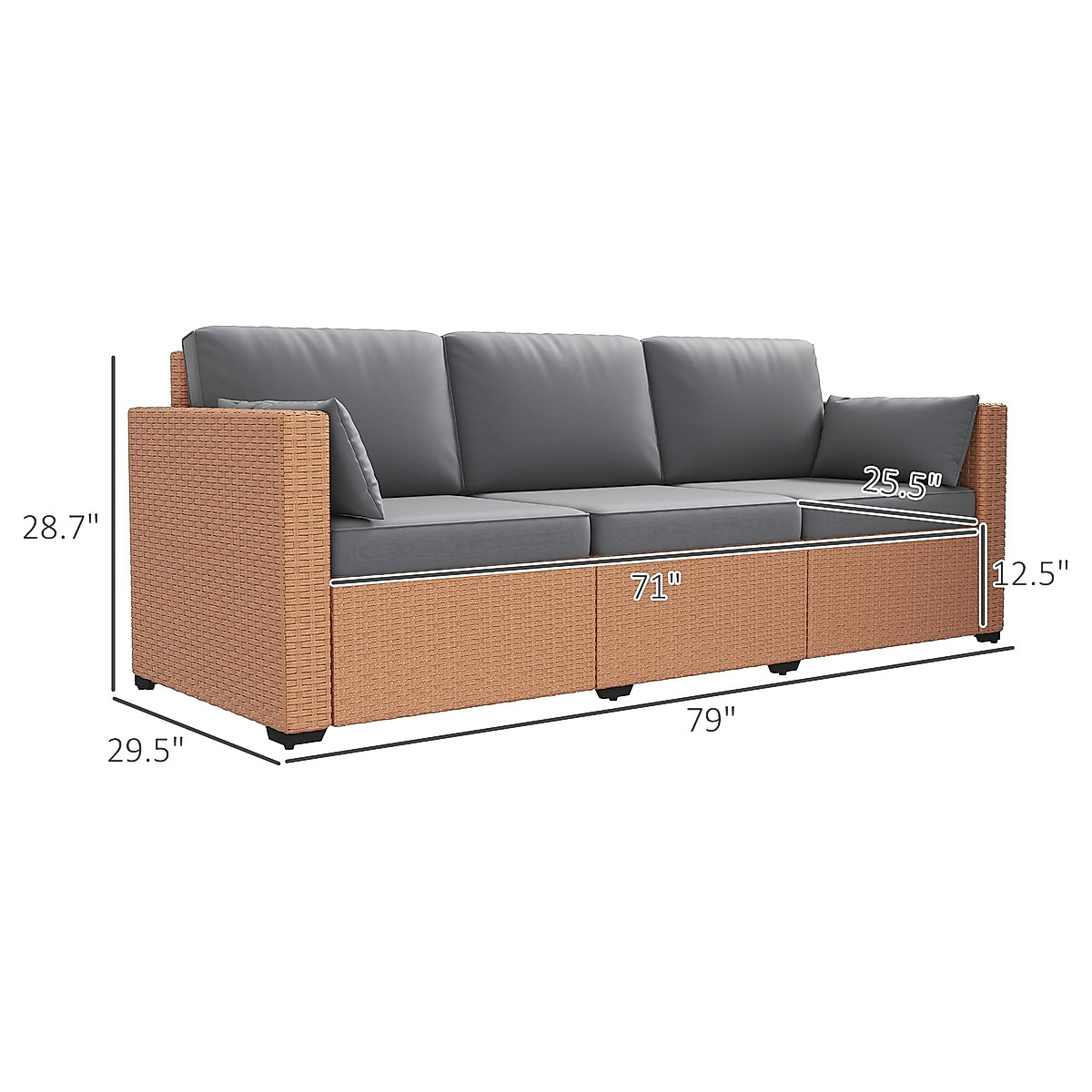 Outsunny Wicker Patio Couch, PE Rattan 3-Seat Sofa, Outdoor Furniture with Deep Seating, Cushions, Steel Frame, Sand