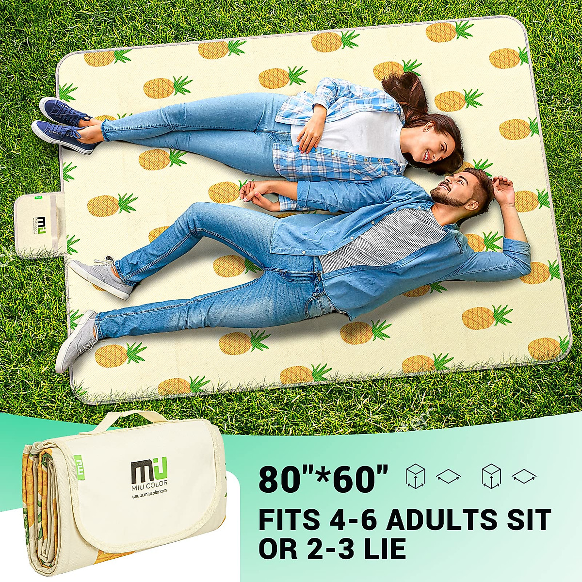 MIU COLOR Picnic Blankets, Extra Large 80"x 60" Outdoor Beach Blanket, Lightweight Handy Mat Tote for Spring Summer Camping, Beach, Park, Patio on Grass (A-Pineapple)