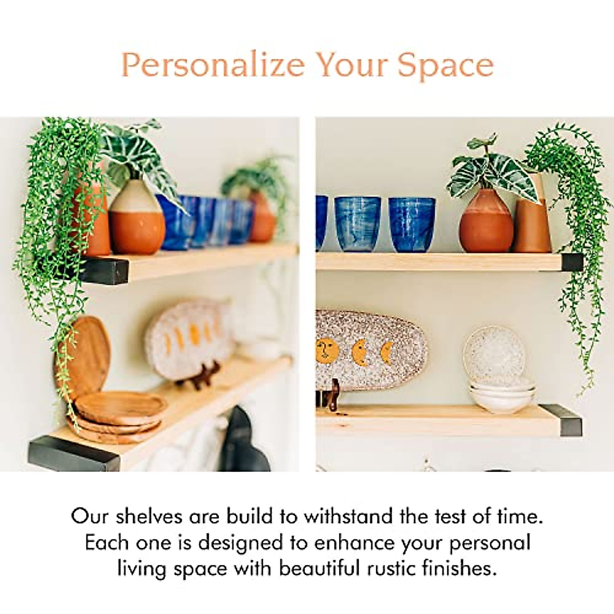 Willow & Grace Wooden Rustic Farmhouse Easily Mounted Floating Wall Shelves for Home Living Rooms and Bedrooms, Natural, 36 Inch, (Set of 2)