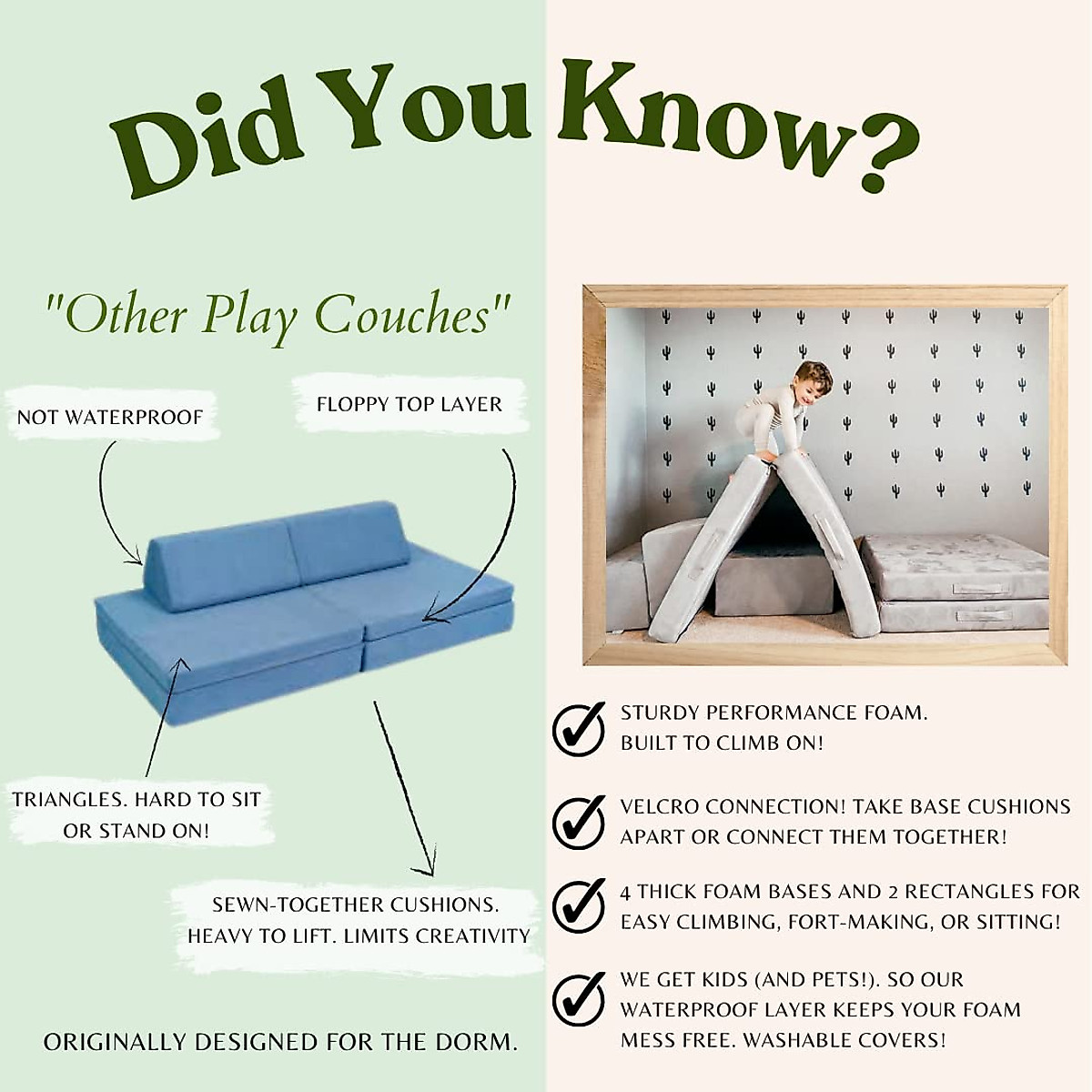 Figgy Modular Play Couch for Kids – Waterproof & Oeko-TEX Certified | Made in USA with Hook and Loop Connectors | Sensory Toy | Montessori Toy | Kid's Sofa & Indoor Climbing Playset