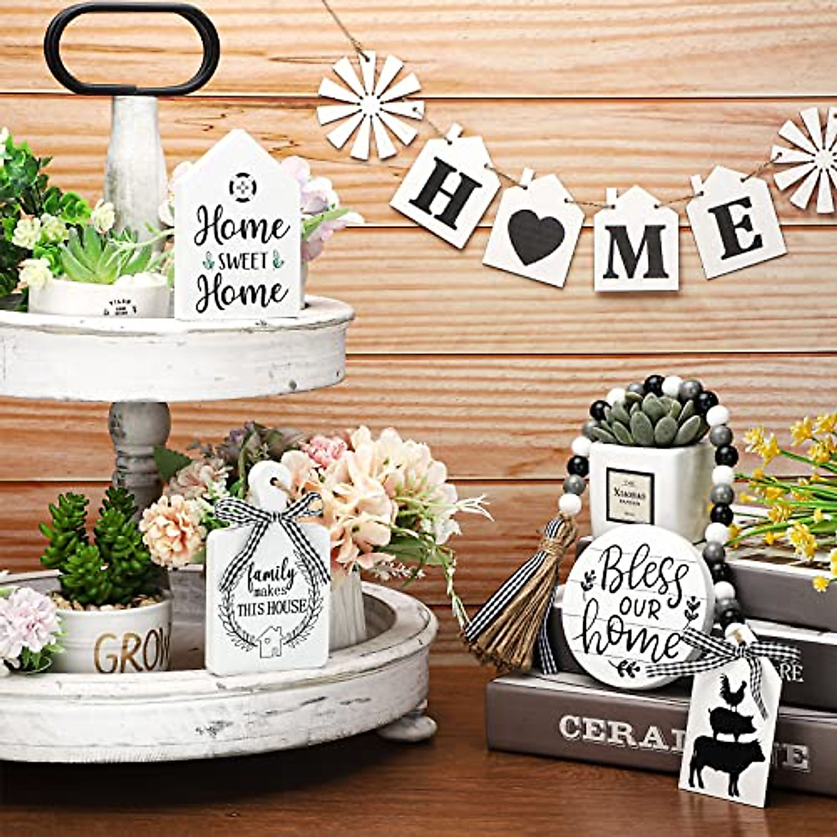 10 Pcs Farmhouse Tiered Tray Decor Farmhouse Home Decor Mini Signs Rustic Home Wood Sign Cutting Broad House Shaped Table Decor Buffalo Plaid Farm Fresh Sign (Home Style)