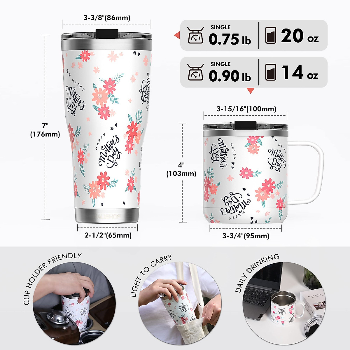 HAUSHOF Mom Mug with Lid, 14oz Insulated Coffee Mug with Handle for Best Mom, Birthday Christmas Gifts for Worlds Best Mom, Floral Happy Mothers Day