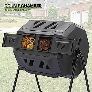 Magshion 43 Gal Chamber Compost Tumbler Outdoor Tumbling Composting Bins High Volume Garden Composter w/Dual Chamber Sliding Doors for Gardening, Black Sliding Doors