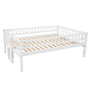 OYN Wooden Full-Over-Full-Over-Full Triple Bed Frame with 2 Built-in Ladder and Slide ,Triple Bed with Full Length Guardrails for Children, Teens ,Boys & Girls, White