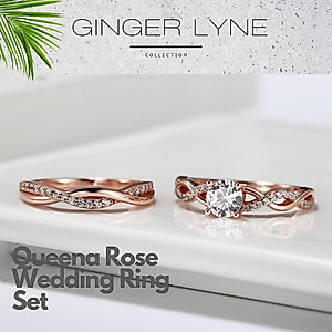 Queena CZ Wedding Ring Set for Women Rose Gold over Sterling Silver Engagement Ring Band Set Fake Engagement Rings for Women, Travel Wedding Ring Set, Cubic Zirconia Promise Rings for Her Size 8