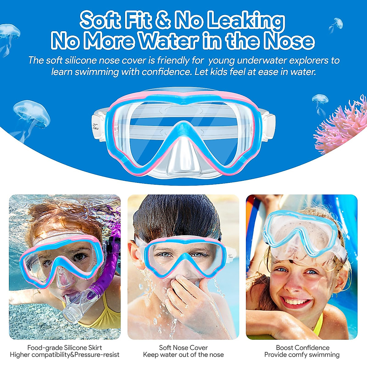 Vvinca Kids Goggles with Nose Cover Snorkel Diving Mask Swim Goggles for Kids Youth 3-15,No-Leak Anti Fog Full Rim Clear View