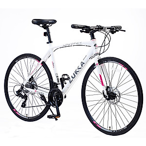 L-TWOO Road Bike 700C Wheels 3 x 8/24 Speed Dual Disc Brake Road Bike Straight Handlebar Smooth Shifting Hybrid Bike Commuter Bike for Women Men Junior Senior, White