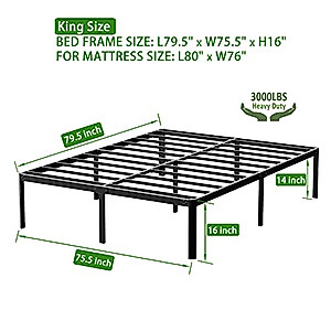 AROMUSTIME 16 Inch Reinfore Metal Platform Bed Frame with Round Legs / 3,800 lbs Heavy Duty Steel Slat Easy Assembly Mattress Foundation/Noise Free/Box Spring Replacement, King
