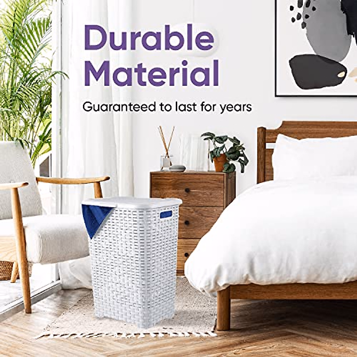 Plastic Laundry Hamper with Lid Laundry Hamper Basket, White Smoke 2 Pack Tall Cloths Hamper Organizer with Cut-out Handles. Space Saving for Laundry Room Bedroom Bathroom, Wicker Design 60 Liter