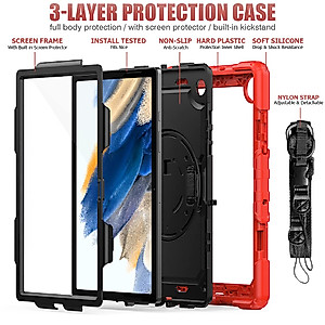 FS FANSONG Samsung Galaxy Tab A8 10.5 Inch Case 2022,SM-X200/X205/X207 Tablet Cover with Screen Protector Pencil Holder 360 Degree Rotating Kickstand and Shoulder Strap Red