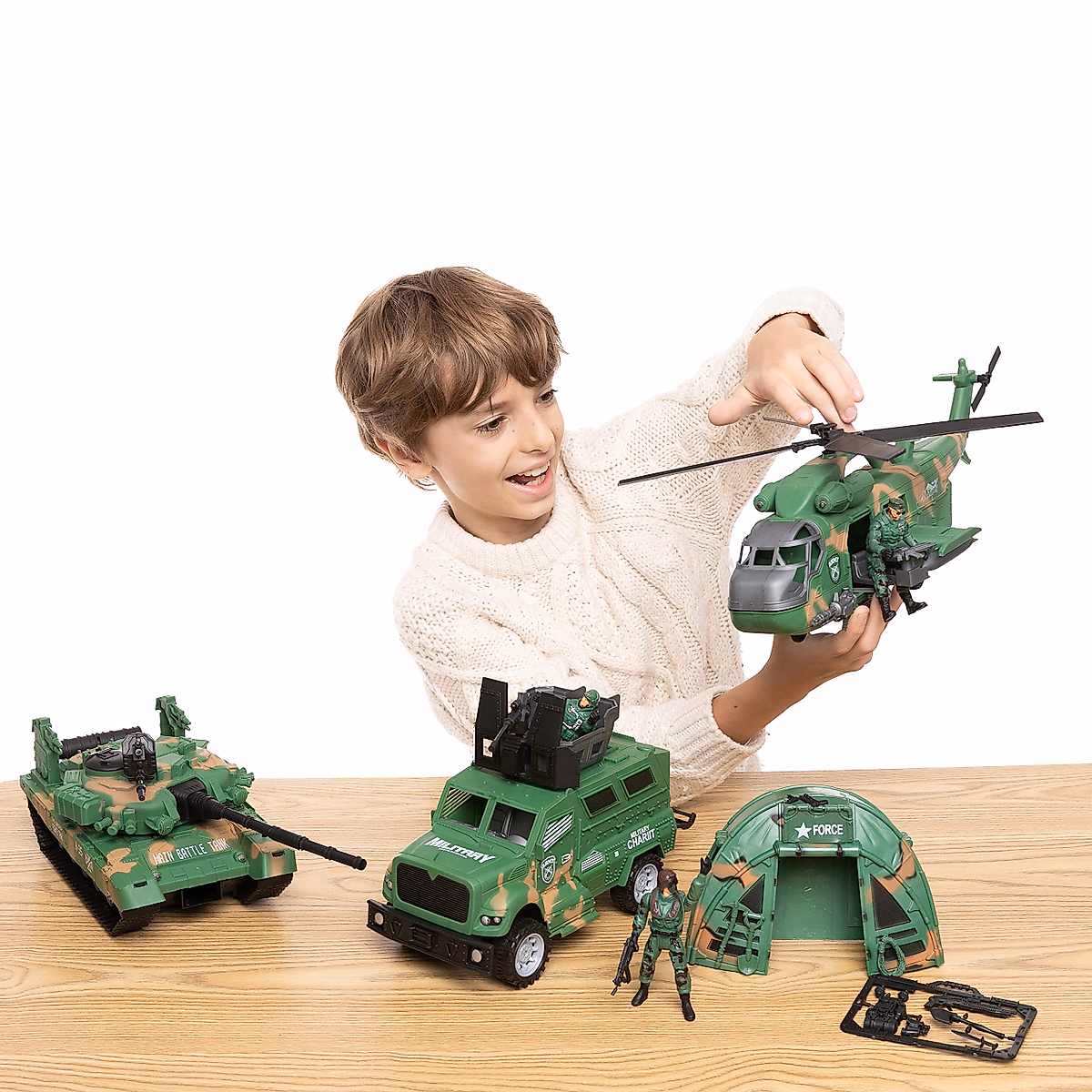 JOYIN Military Reconnaissance Vehicle Toy Set of Friction Powered Helicopter, Tank, Armored Car with Light and Sound, Motorcycle, Camp and Army Figures, Realistic Military Vehicle Playset for Kids