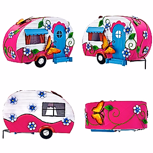 SUBOLO Fairy Camping Trailer Garden Statue Outdoor Metal Fairy House Garden Decor for Home Lawn Porch Patio Decoration