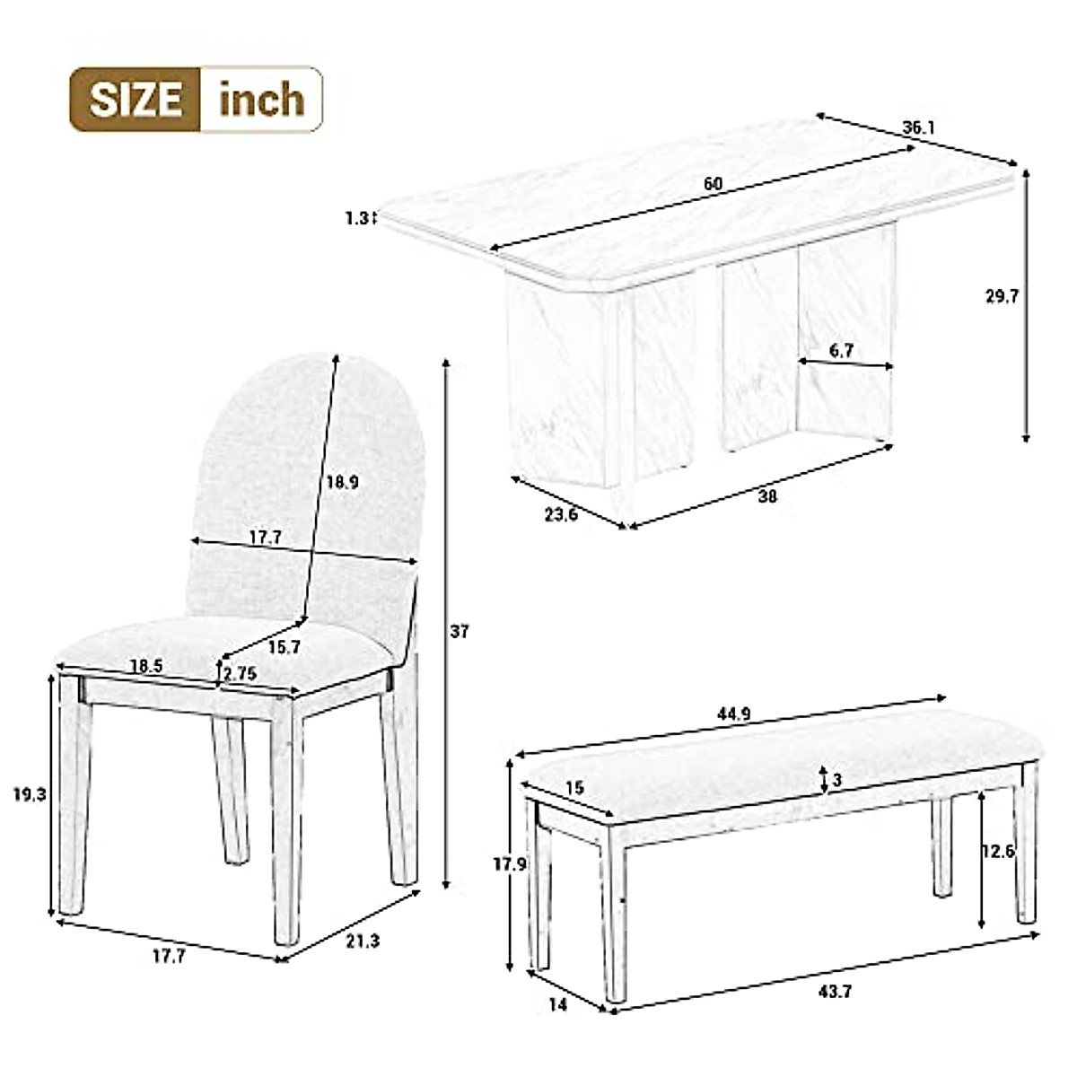 WOZNLA Room 6-Piece Modern Style Set-Faux Marble Table with 4 Upholstered Dining Chairs & 1 Bench-Contemporary White Design for Family Kitchen