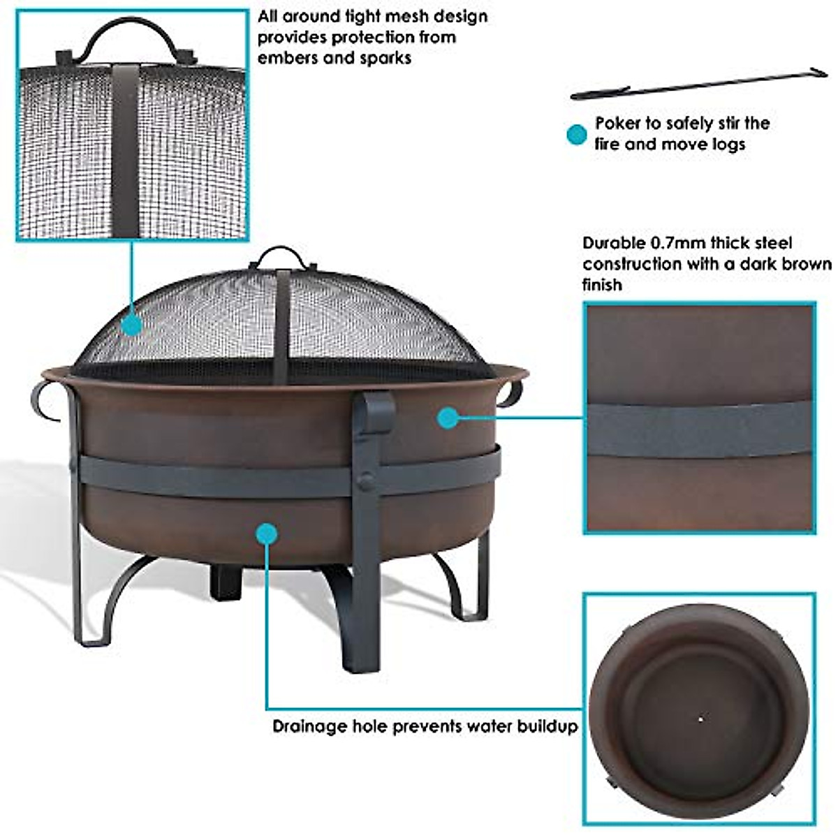 Sunnydaze 29-Inch Bronze Cauldron Wood-Burning Fire Pit Bowl - Includes Portable Poker and Spark Screen