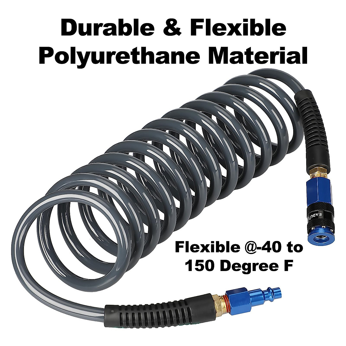 EADUTY Heavy Duty Polyurethane Recoil Air Hose 1/4 in x 10 ft, Lightweight, Flexible Compressor Hose with Universal Quick Coupler, Plug and Bend Restrictors, Gray