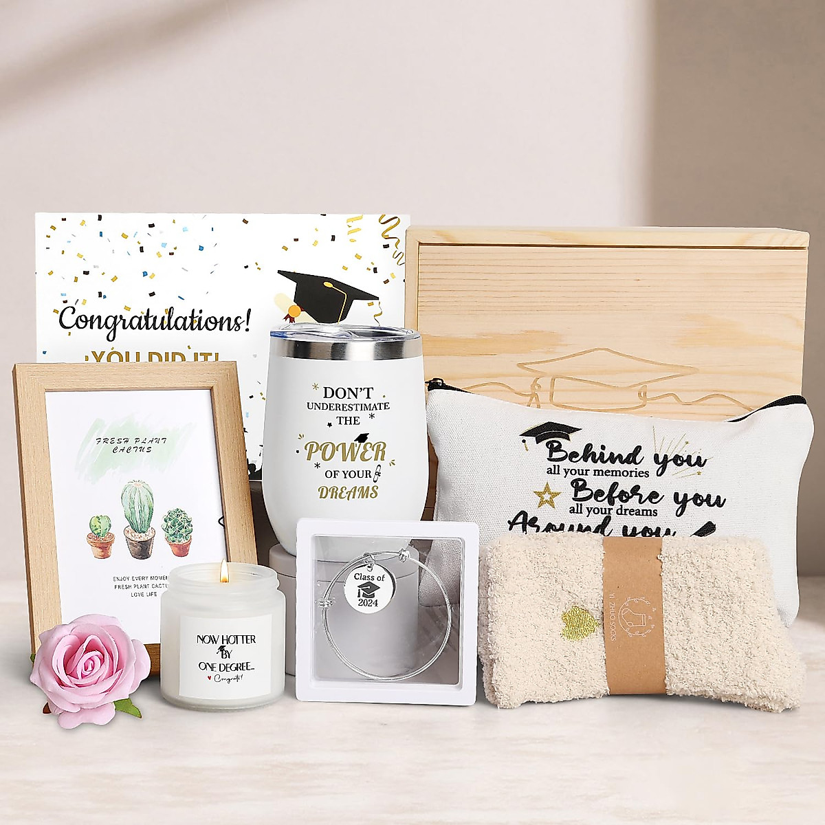 2024 Graduation Gifts,Congratulations Gifts for Her with 12 OZ Wine Tumbler,Candle,Frames,Keychain,Senior College Graduation Gifts for Daughter Son Niece Nephew,Personalized Makeup Bag for Friend