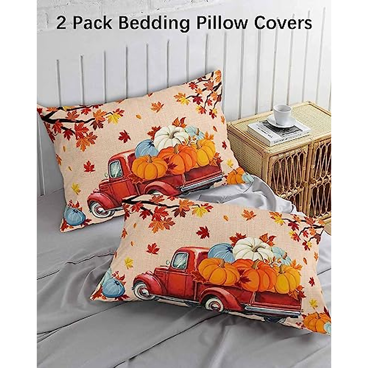 Edwiinsa Thanksgiving Pillow Covers Standard Size Set of 2 Bed Pillow, Fall Pumpkin Maple Leaf Truck Burlap Plush Soft Comfort for Hair/Skin Cooling Pillowcases with Envelop Closure 20''x26''