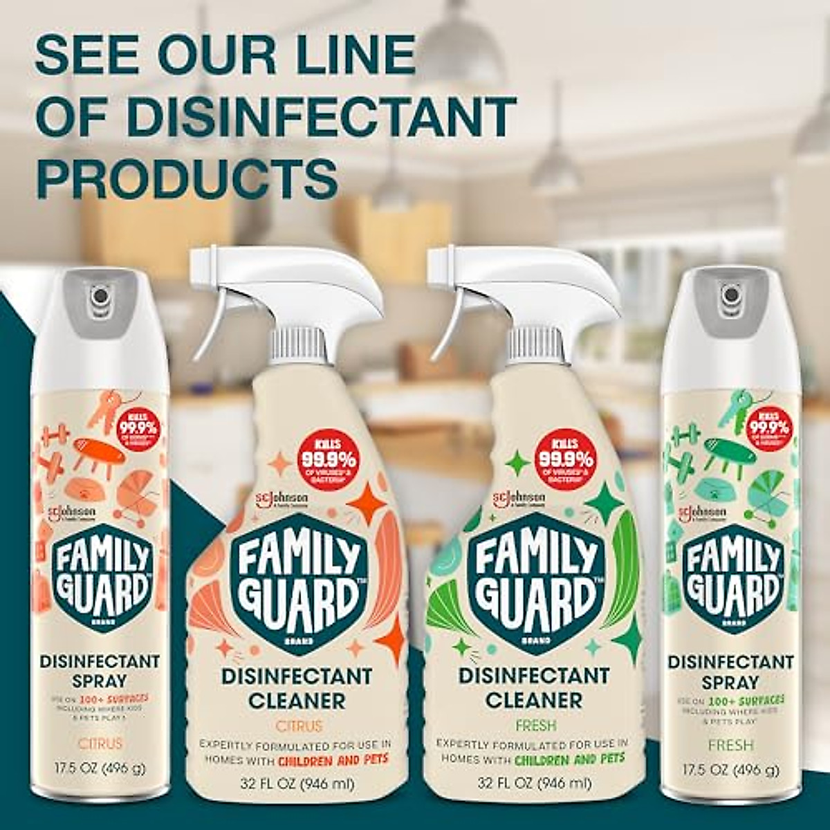 Family Guard Brand Disinfectant Spray Trigger & Multi Surface Cleaner, Antibacterial Spray, Expertly Formulated for Use In Homes with Children & Pets, Fresh Scent, 32 oz (Pack of 1)