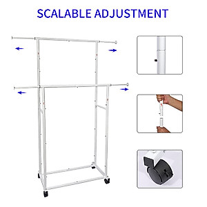 Fishat Simple Standard Double Rod Clothing Metal Garment Rack, Rolling Clothes Organizer on Lockable Wheels (White)