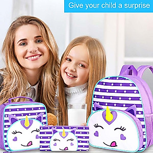 FTJCF 3PCS Toddler Backpack for Girls, 12" Unicorn Kindergarten Bookbag, Preschool Kids School Bag with Lunch Box - Purple